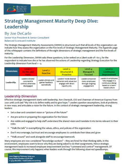 Strategy Management Maturity Deep Dive Leadership Balanced Scorecard