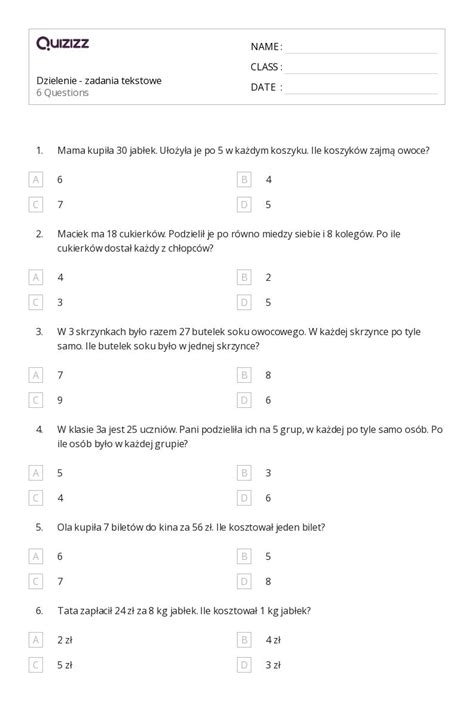 Ponad 50 Zadania Tekstowe Na Dzielenie Arkuszy Roboczych Dla Klasa 3 W