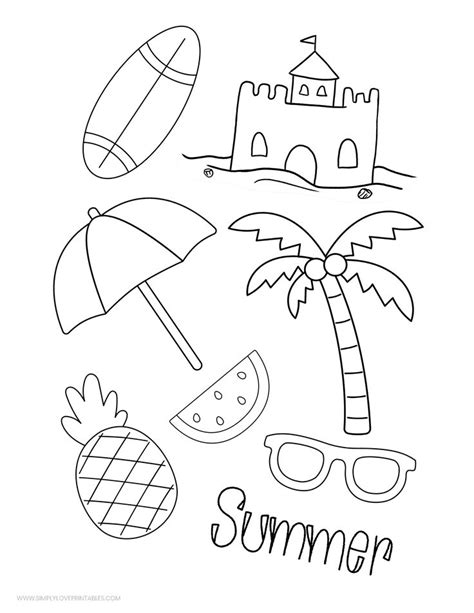 A Coloring Page With Beach Items And The Words Summer In Black Ink On A