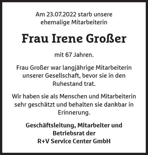 Traueranzeigen Von Irene Gro Er Vrm Trauer De