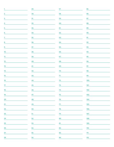 Printable 4 Column Numbered Blue Green Lined Paper Wide Ruled For