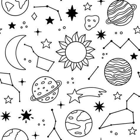 Seamless Pattern Of Space Doodle Planets Stars Constellations Moon