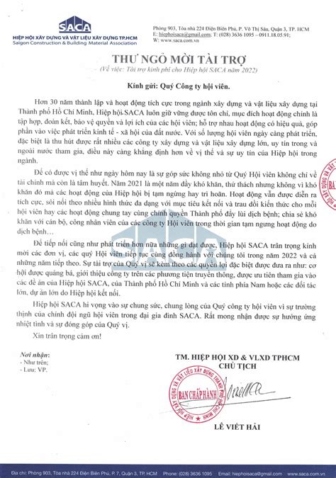 THƯ NGỎ MỜI TÀI TRỢ HOẠT ĐỘNG CỦA HIỆP HỘI SACA TRONG NĂM 2022