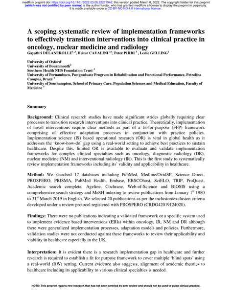 pdf a scoping systematic review of implementation frameworks to effectively transition