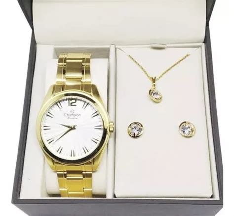 Kit Relógio Champion Feminino Dourado Original Cn29865w Frete grátis