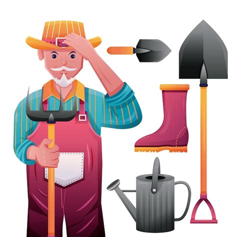 Alter bauer und landwirtschaftliche geräte im cartoon vektor