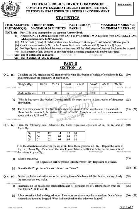 Css Statistics Past Paper Federal Public Service Commission