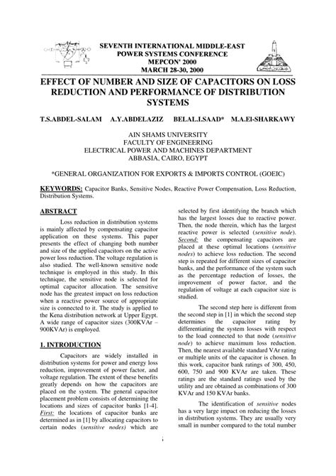 pdf effect of number and size of capacitors on loss reduction and performance of distribution