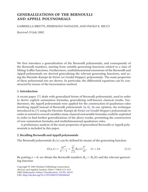 generalizations of the bernoulli and appell polynomials