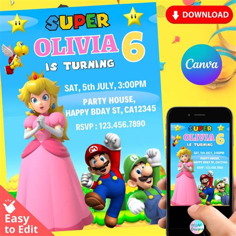 Super Mario Princess Peach Birthday Invitation Template Inspire Uplift
