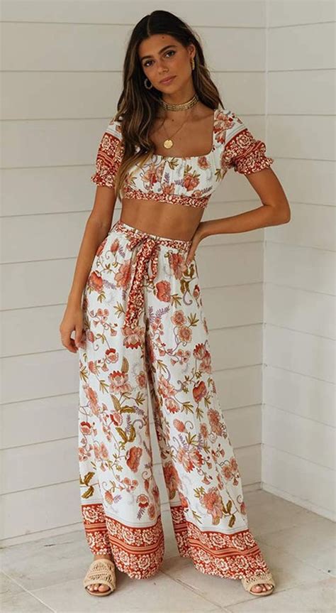 Minetom Zweiteiler Damen Boho Sommer 2 Teiler Crop Top Und Hose Yoga