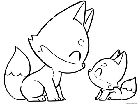 Coloriage renard et son bebe renard kawaii facile à imprimer