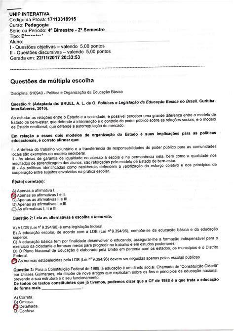 Prova Políticas públicas e organização da educação básica Unip