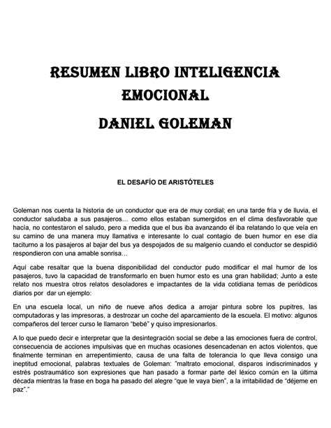 Introduccion Resumen Del Libro Inteligencia Emocional Taller De Hot