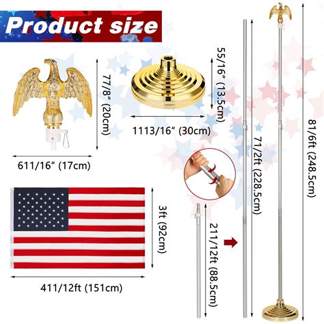 3 Sets 8 Ft Telescoping Indoor Flag Pole Kit 3 X 5 Ft US American Flag
