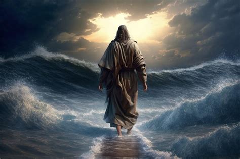 Una pintura de jesús caminando bajo el agua Foto Premium