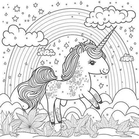 Un dibujo para colorear con un unicornio y un arcoíris en el cielo ai