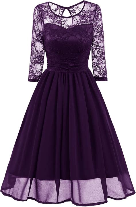 Damen Midi Länge Cocktail Brautjungfer Kleid Halbe Schiere Ärmel