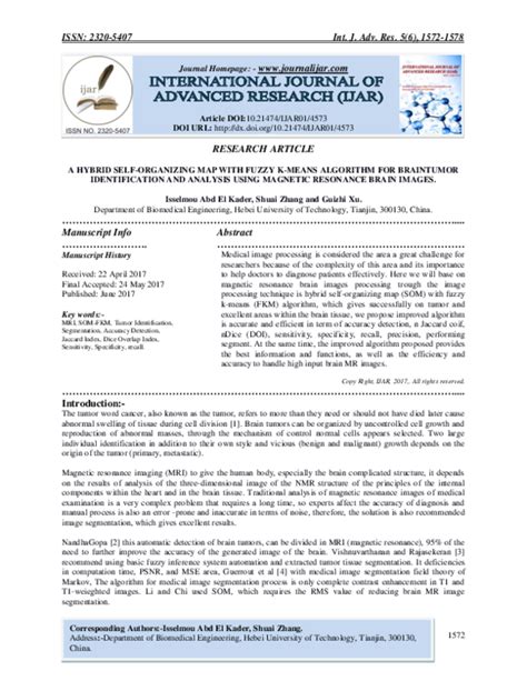 pdf a hybrid self organizing map with fuzzy k means algorithm for braintumor identification