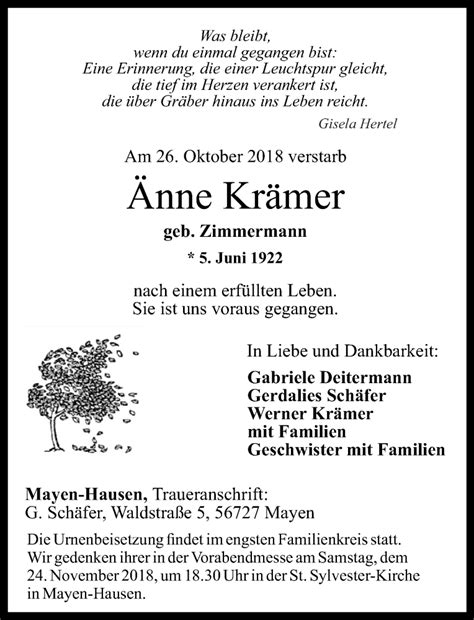 Traueranzeigen von Änne Krämer rz trauer de