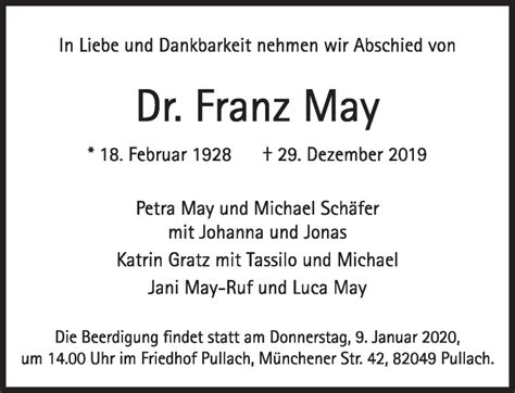 Traueranzeigen Von Franz May SZ Gedenken De