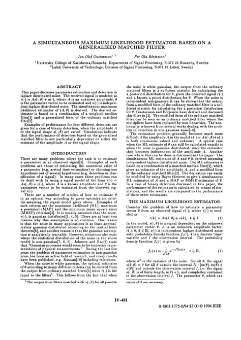pdf a simultaneous maximum likelihood estimator based on a generalized matched filter