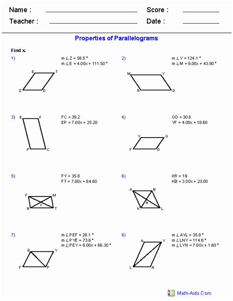 Properties Of Parallelogram Worksheet