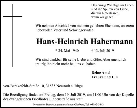 Traueranzeigen Von Hans Heinrich Habermann Trauer Anzeigen De