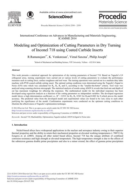 pdf modeling and optimization of cutting parameters in dry turning of inconel 718 using coated