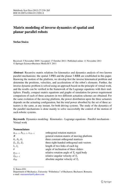 pdf matrix modeling of inverse dynamics of spatial and planar parallel robots