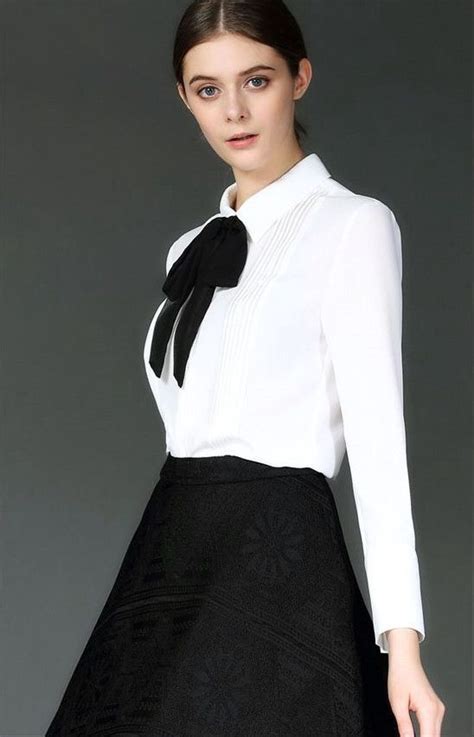 Dressed For Office White Shirt With Black Bow And Black Skirt Tie