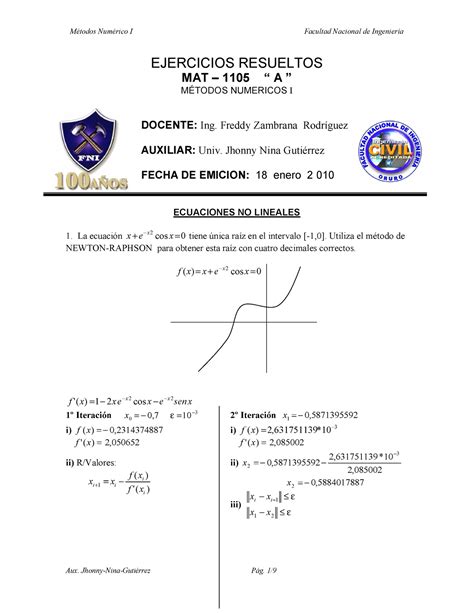 Ecuaciones No Lineales Ejercicios Resueltos Mat A M Todos