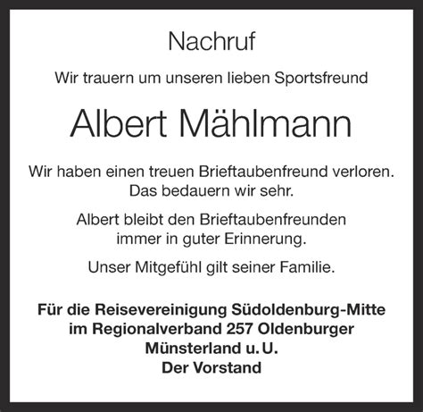 Traueranzeigen von Albert Mählmann om trauer de