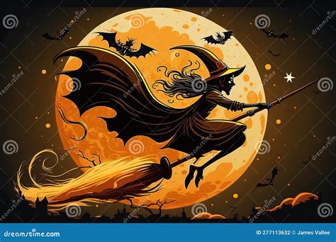 Halloween Witch Flying On Her Broom Ai Generative Stock Illustration