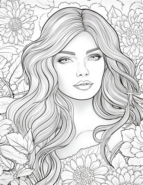 Um Desenho Em Preto E Branco De Uma Mulher Cabelos Longos Foto