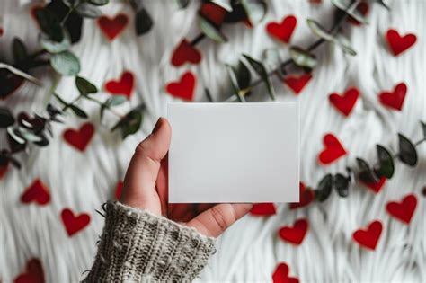 Una Mujer Sosteniendo Una Tarjeta En Blanco Con Corazones Rojos Sobre