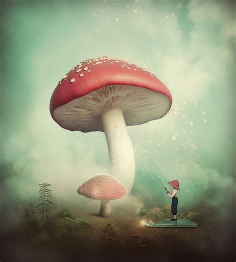 Generative AI Magic Mushroom In A Fantasy Forest Landscape Stock