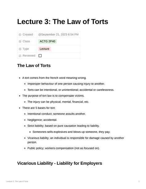 Tort Law Tort Law Lecture Notes Lecture The Law Of Torts Created