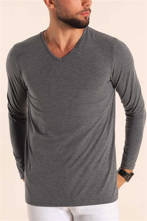 Antrasit Slim Fit Basic V Yaka Likralı Uzun Kollu Erkek Tişört 199049