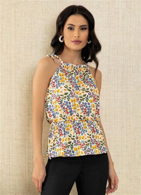 Blusa Mini Floral Decote Halter E Amarra O Quintess