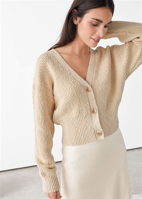 Cropped Textured Cotton Cardigan Beige Cardigans Other Stories