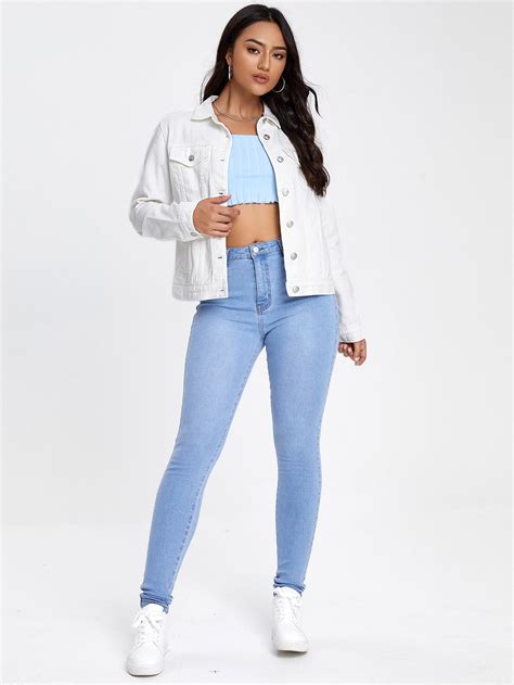 Shein Ezwear Cazadora Mezclilla Con Bolsillo Con Solapa Moda De Mujer