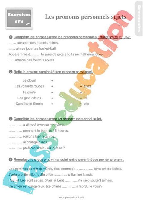 Les Pronoms Personnels Sujets Ce Exercices R Visions Pdf
