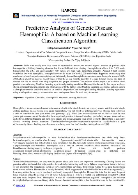 pdf predictive analysis of genetic disease haemophilia a based on machine learning