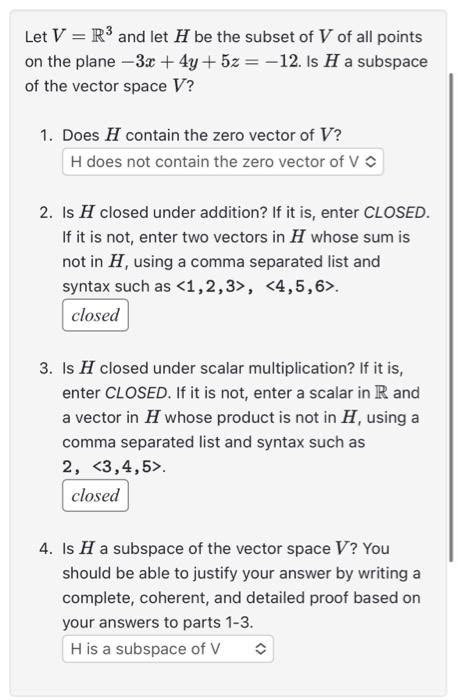 solved let v r3 and let h be the subset of v of all points