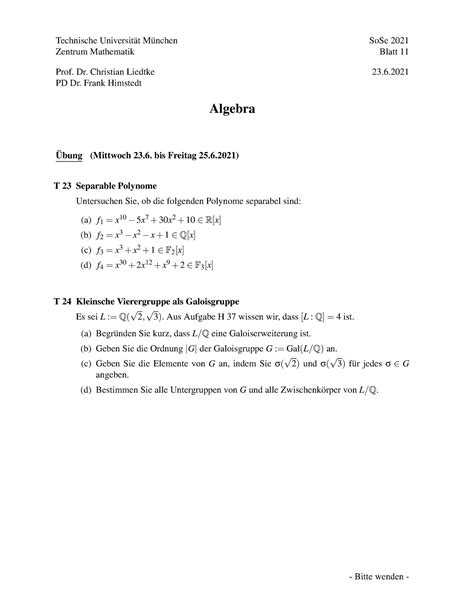 Blatt 11 Übung zur Algebra Ringe Körper und Gruppen Galoistheorie