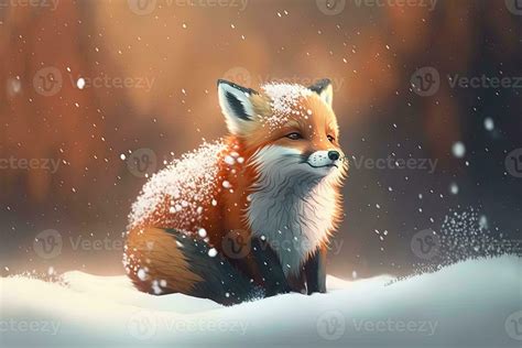 Cute Red Fox Baby Cartoon Dreamlike In Snow Winter Generative Ai