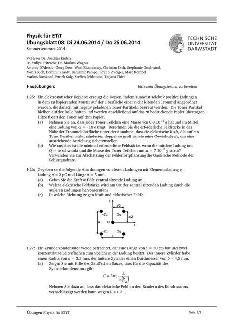 Uebung 08 Übung 8 Physik für ETiT Übungsblatt 08 Di 24 06 Do 26