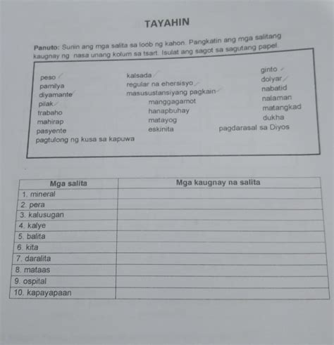 TAYAHIN Panuto Suriin Ang Mga Salita Sa Loob Ng Kahon Pangkatin Ang