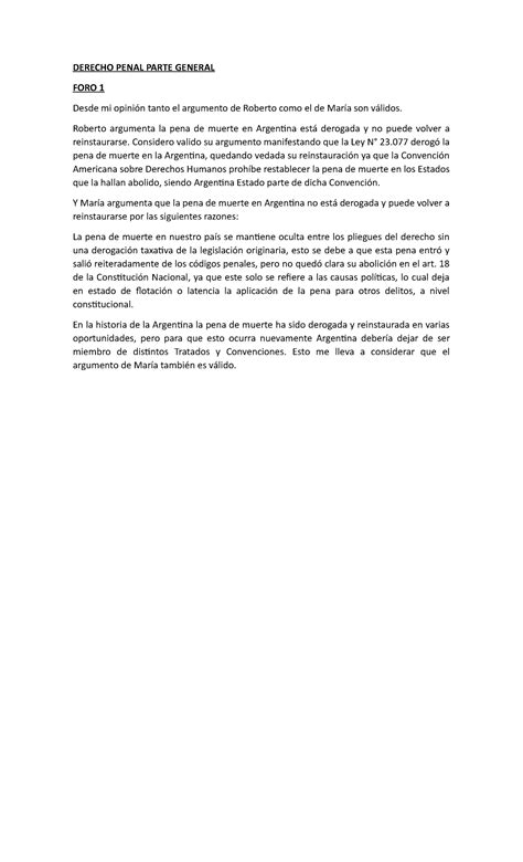 Derecho Penal Parte General FORO 1 DERECHO PENAL PARTE GENERAL FORO 1